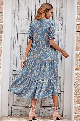 PRETTYGARDEN Women's Summer Casual Boho Dress Floral Print Ruffle Puff Sleeve High Waist Midi Beach Dresses (Blue Apricot,Medium)