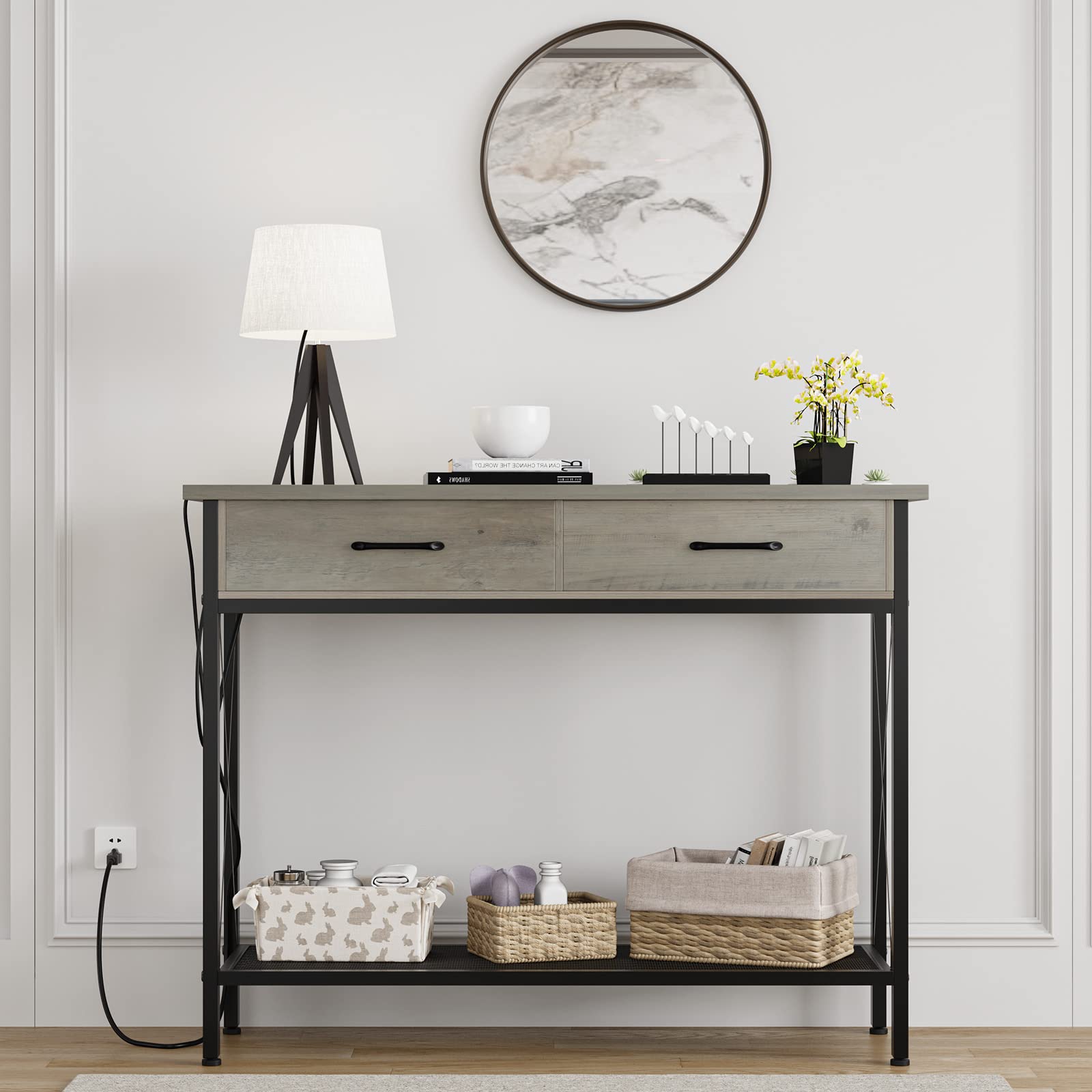 Entryway Table with 2 Drawers for Storage, 39.3''Console Table with Charging Station, Industrial Grey Sofa Table with Storage Shelves for Living Room, Couch, Hallway, Foyer, Entryway, Kitchen-2 Tier