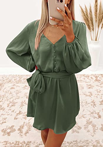 PRETTYGARDEN Women's Spring Long Puff Sleeve Satin Dress V Neck Cocktail Party Belted Short Formal Dresses (Army Green,Medium)
