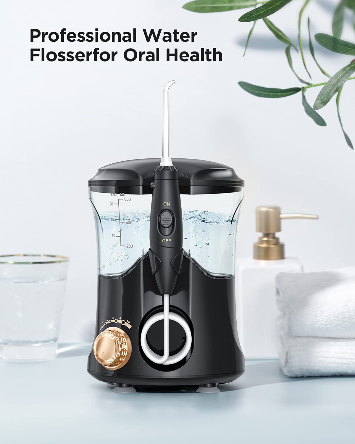 Water Flossers, 600ML Dental Water Teeth Cleaner with 8 Jet Tips for Family, 10 Adjustable Pressure, Electric Dental Pick Flosser for Teeth or Braces, Black