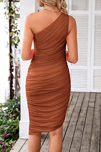 PRETTYGARDEN Women's Ruched Bodycon Dress 2023 Summer One Shoulder Sleeveless Party Cocktail Pencil Dresses (Caramel,Large)