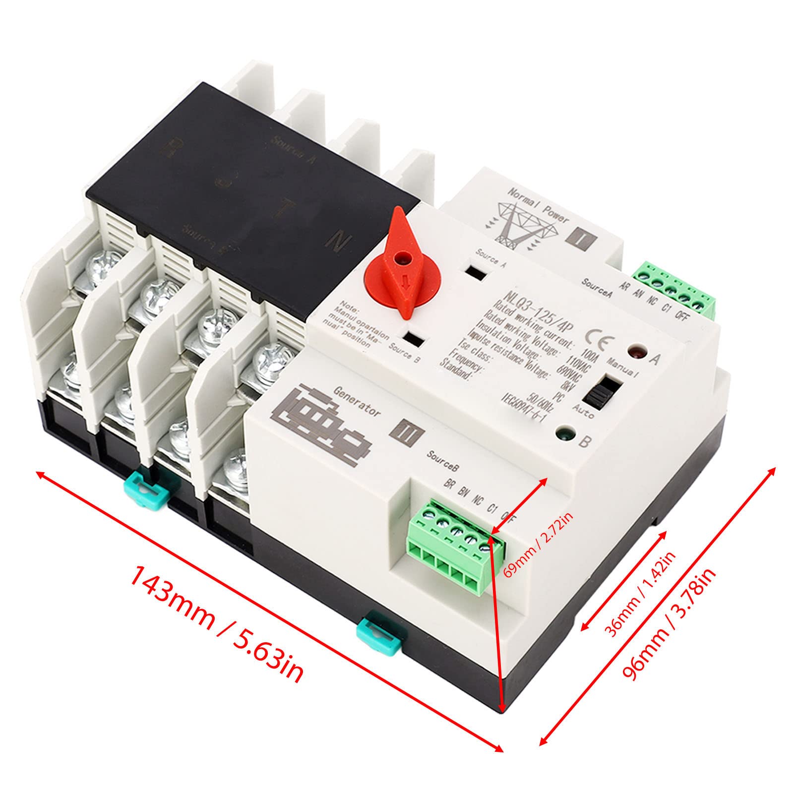 Dual Power Automatic Transfer Switch, NLQ3 125 4P 100A 110V Mini ATS Electrical Selector Switches Din Rail Mounted Dual Power Switch Generator Changeover Switch for Emergency Power