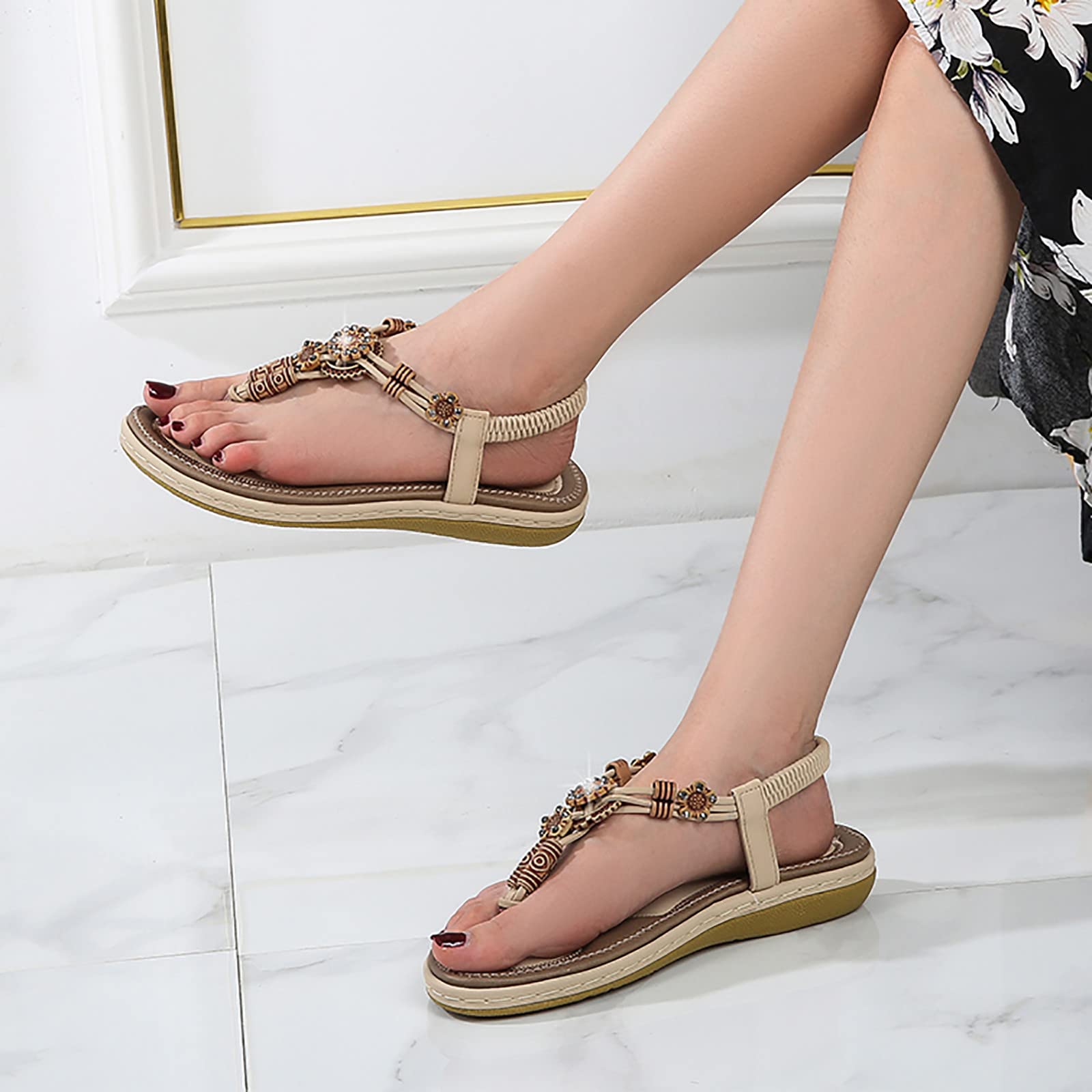 FASDNENDYS Elastic Women Bead Beach String Shoes Band Ladies Bohemian Sandals Casual Women's sandals Womens Supportive Flip Flops