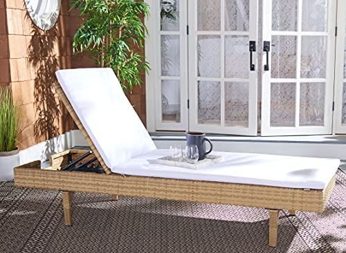 SAFAVIEH Outdoor Collection Cam Natural Brown Wicker/White Cushion Adjustable Chaise Lounge Chair, Black/Beige (PAT7501D)