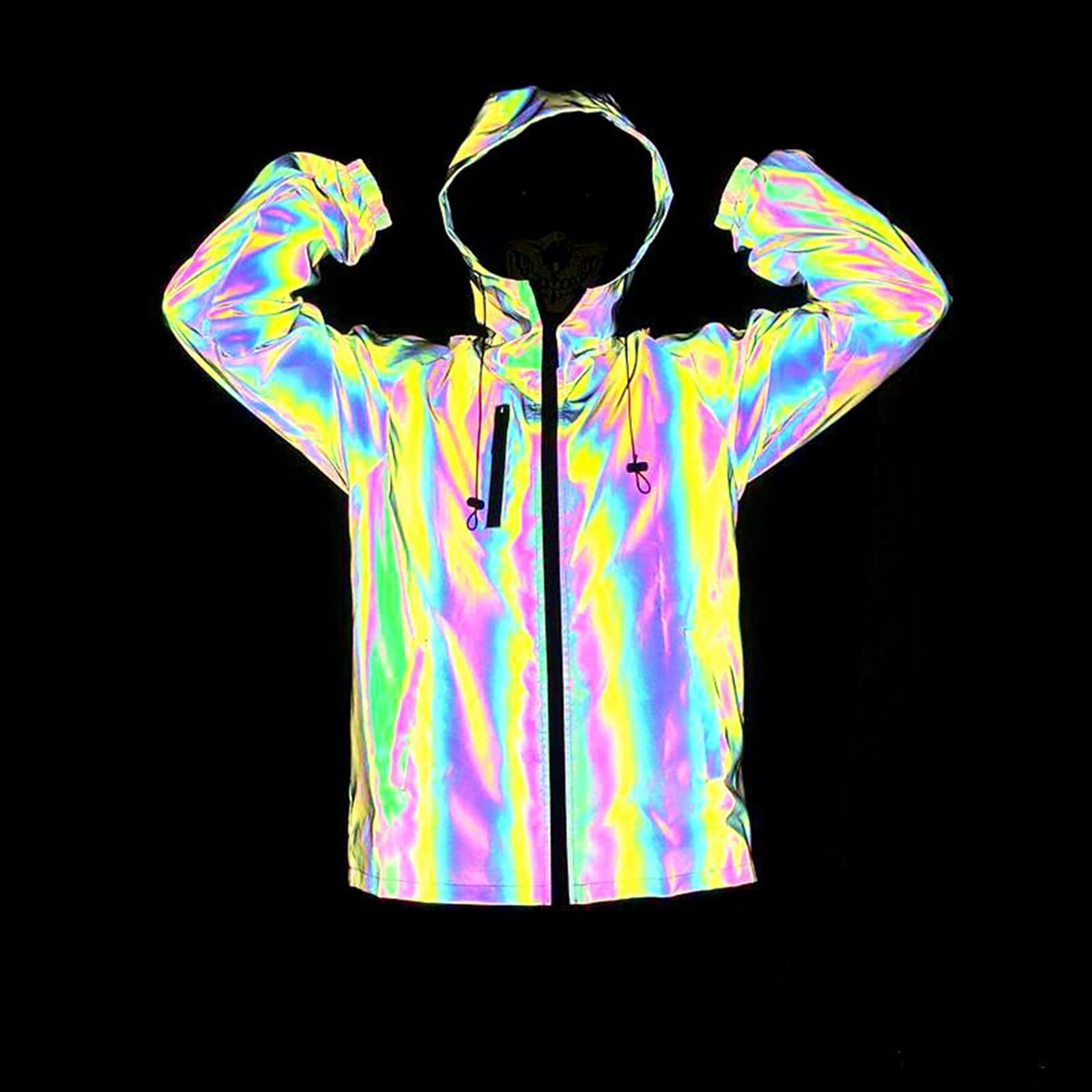 Glow Rainbow Hip Hop Jackets Black Reflective Jacket for Men and Women Hooded Zipper Waterproof Coat Windbreakers Zipper