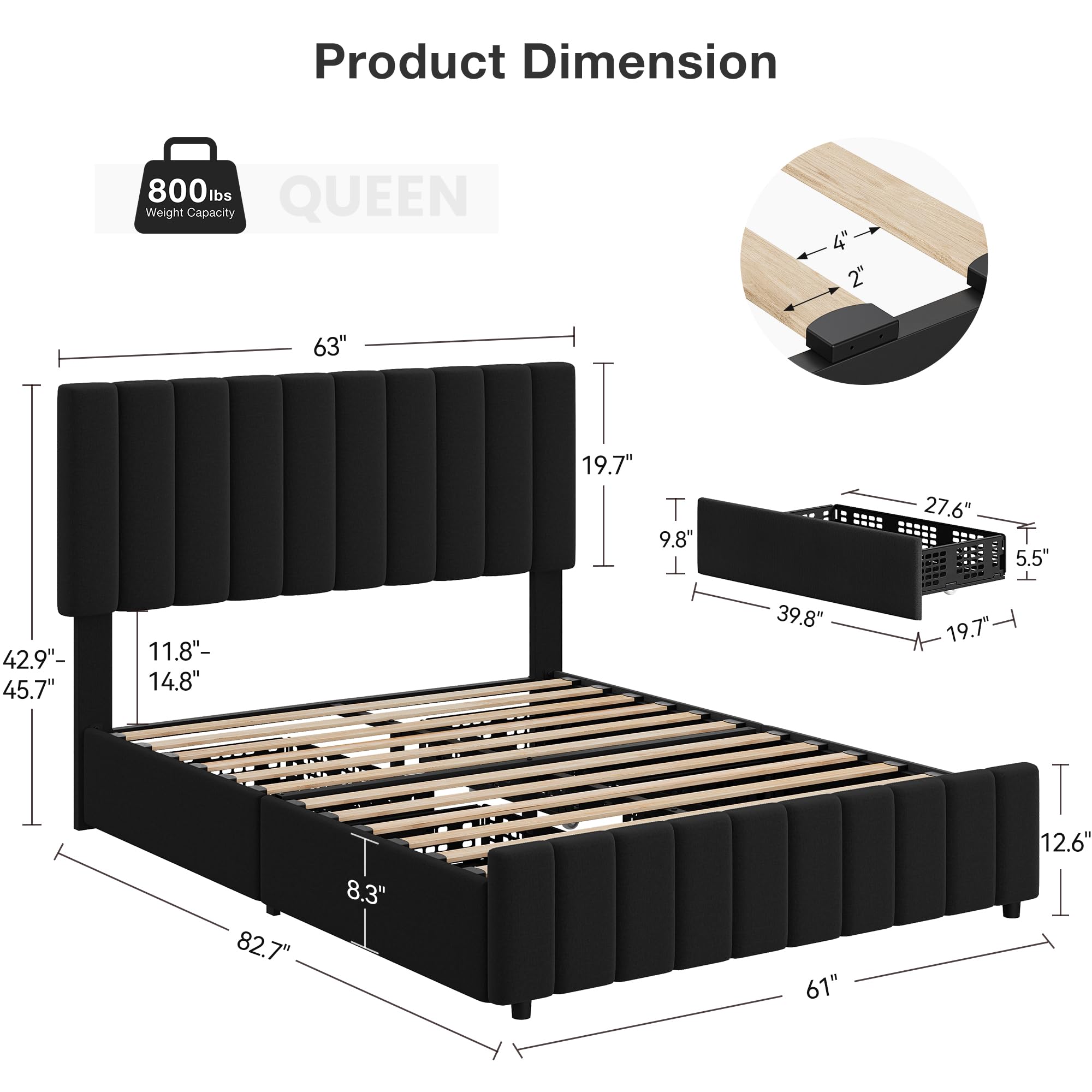 IDEALHOUSE Queen Size Bed Frame with 4 Storage Drawers and Adjustable Headboard, PU Leather Upholstered Platform Bed Frame with Wooden Slats Support, No Box Spring Needed, White