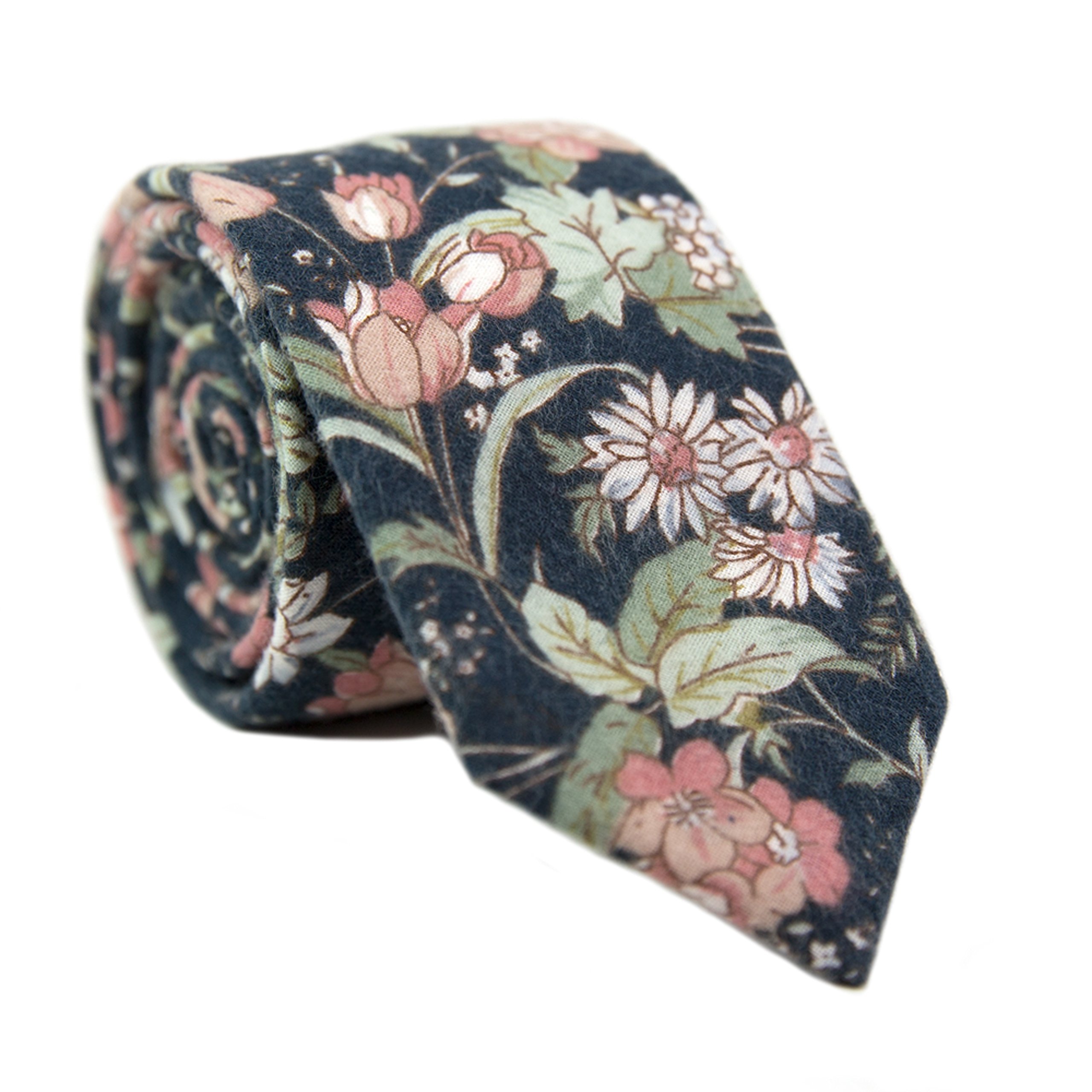DAZI Men's Skinny Tie Floral Print Cotton Necktie, Great for Weddings, Groom, Groomsmen, Missions, Dances, Gifts. (Lotus)