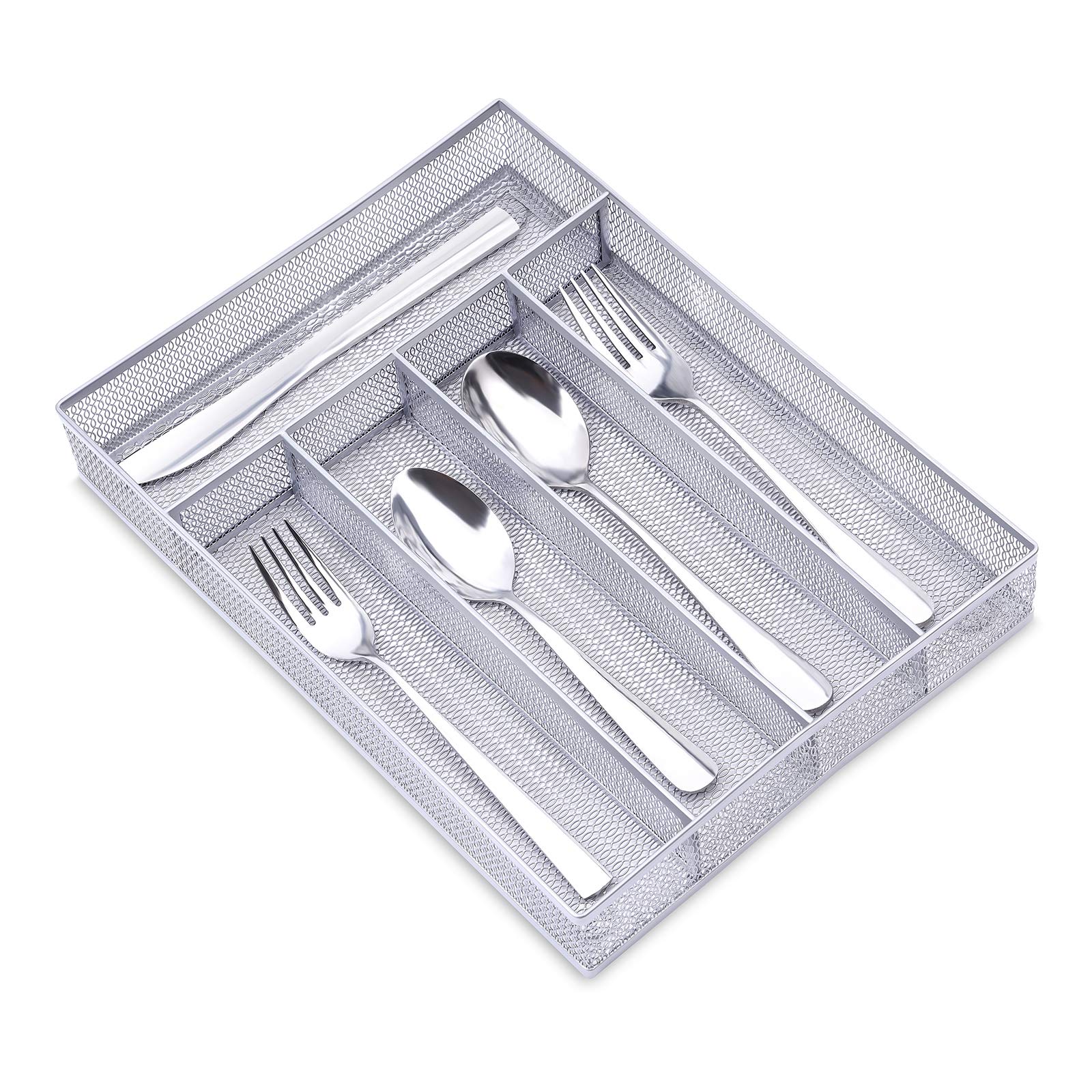 Flatware Organizers 5 Compartments, Metal Mesh Kitchen Utensil Drawer Cutlery Tray with 4 Foam Feet, Silver