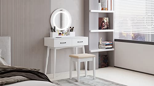 UTEX Makeup Vanity Desk with Round Mirror and Lights,White Vanity Makeup Table, Small Vanity Table with 2 Drawers, 3 Lighting Modes Dresser Desk and Cushioned Stool SetĀ for Bedroom, White