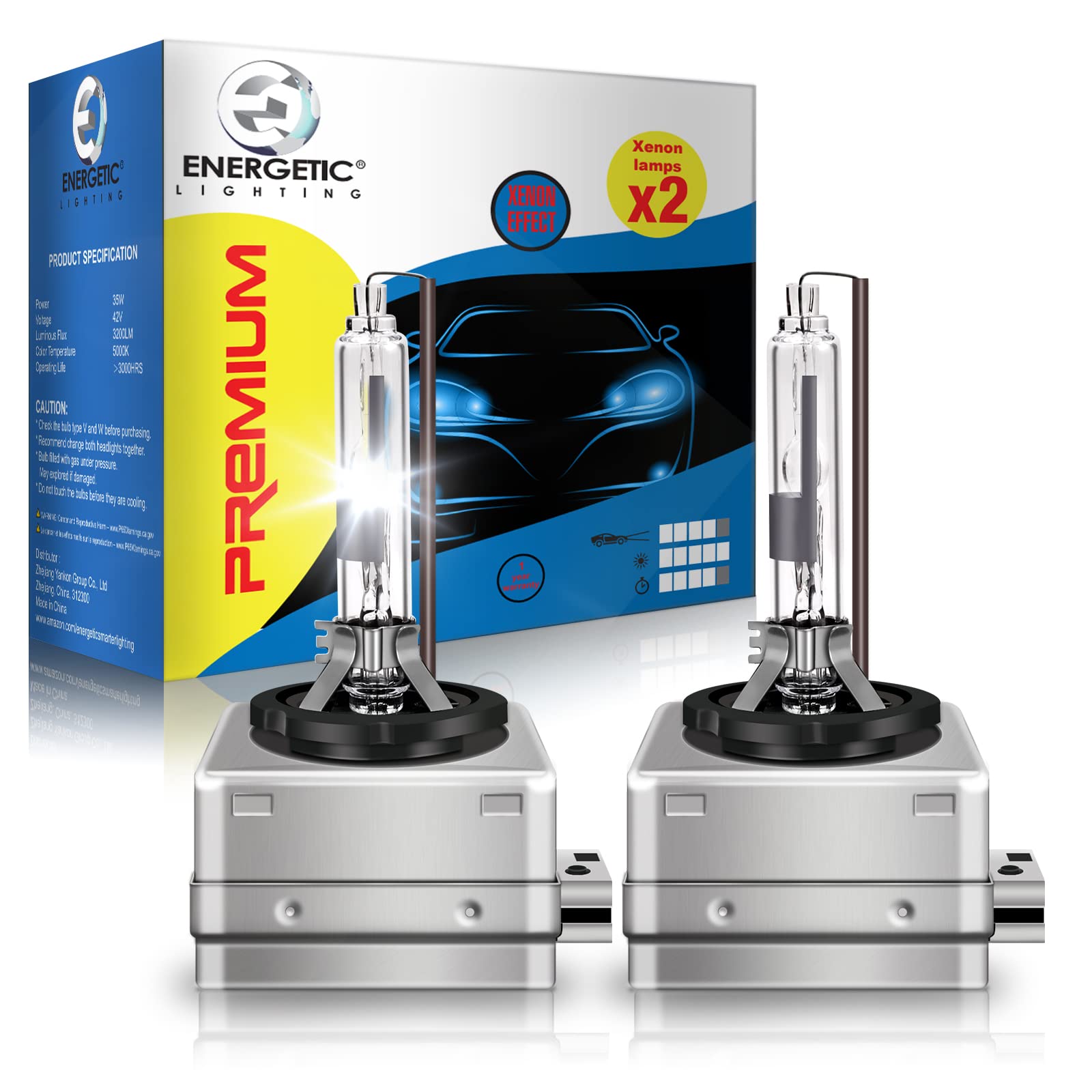 E ENERGETIC LIGHTING D3S Headlight Bulb, Super Brighter Daylight HID Xenon Bulbs, 35w 42V Original High a Low Beam Car Lamps, IP68 Waterproof HId Xenon Headlights, PK32d-5, 2 Pack