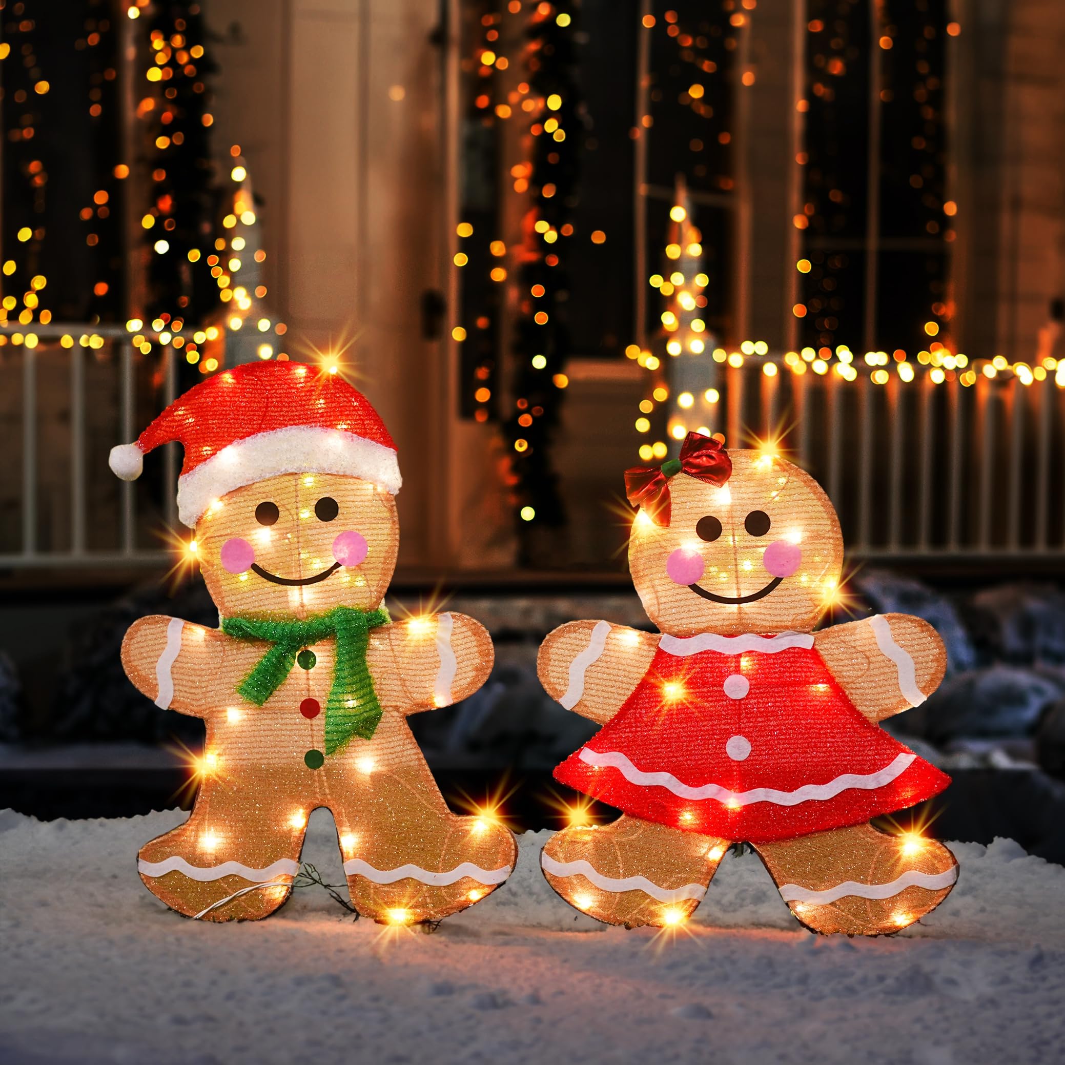 Dazzle Bright Christmas Outdoor Decorations Yard, 2-Piece Lighted 2D Gingerbread Man with 50 L, 23 Inch Pre-Lit Light Up Gingerbread Man, XMAS Festive Holiday Front Garden Patio Yard Lawn Display