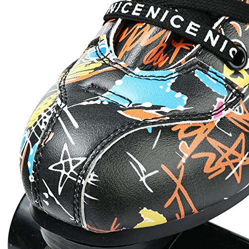DUBUK Roller Skates Light Up Wheels, Graffiti High-Top Leather Adjustable Hardwearing Double Row Roller Skates with Illuminated Wheels for Boys and Girls (Black b,41)
