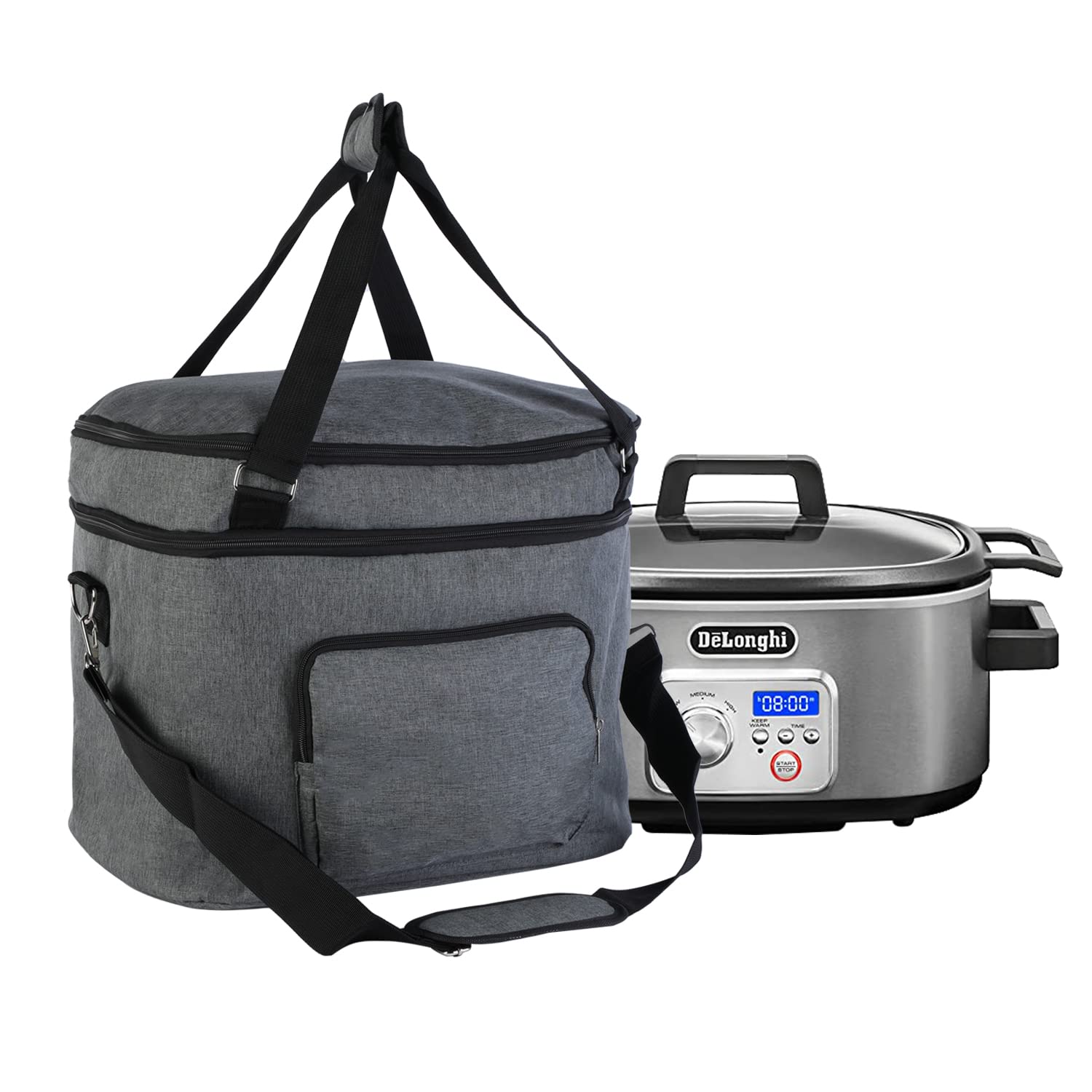 Double Layers Slow Cooker BagοΌCarry Case with Top Zip Compartment and Accessory Pocket , Insulated Slow Cooker Carrier Fits for Most 68 Quart Oval Slow Cooker, Fabric waterproof ,Easy to clean.(Bag