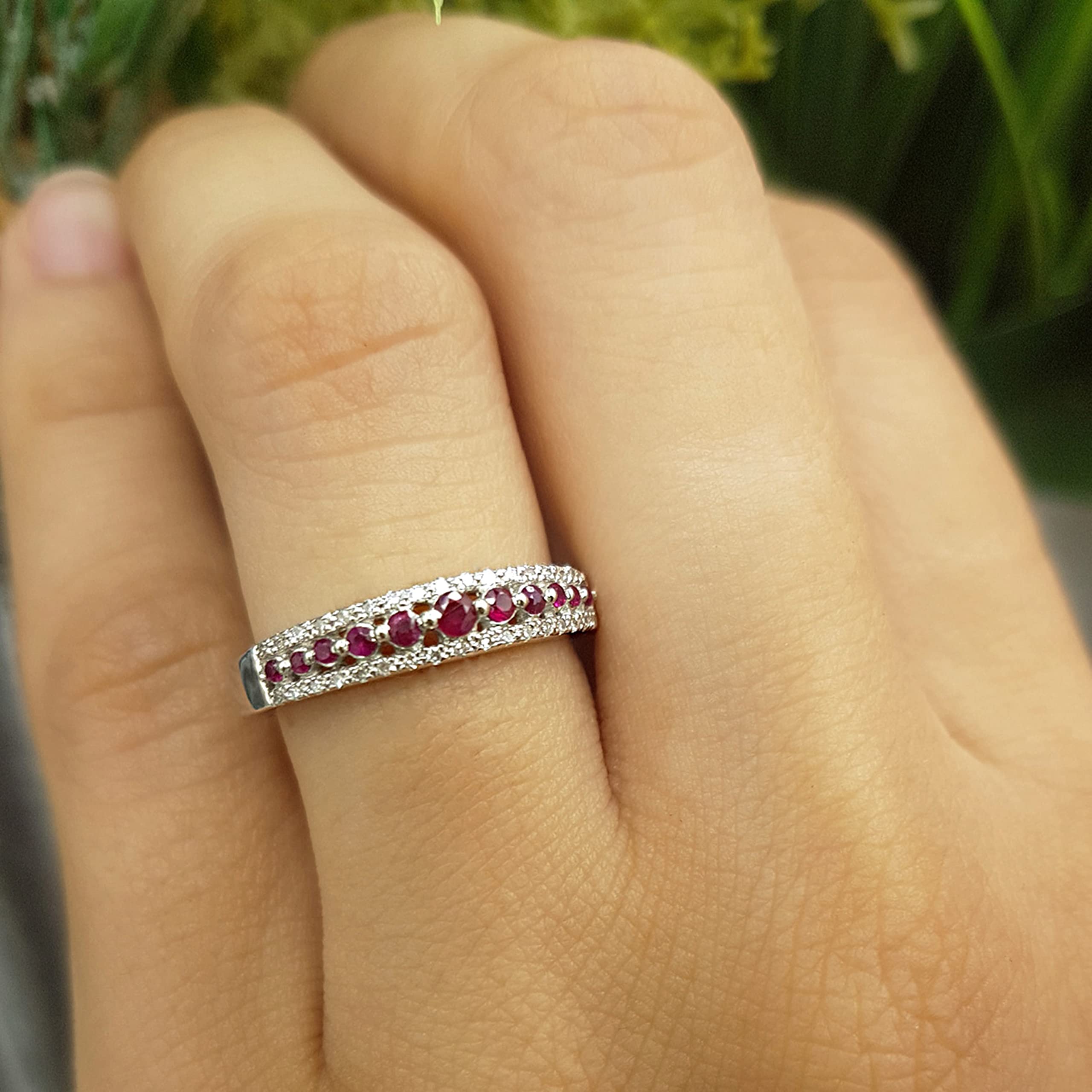 Dazzlingrock Collection Round Ruby & White Diamond Triple Row Anniversary Ring for Women in 14K White Gold Size 7.5