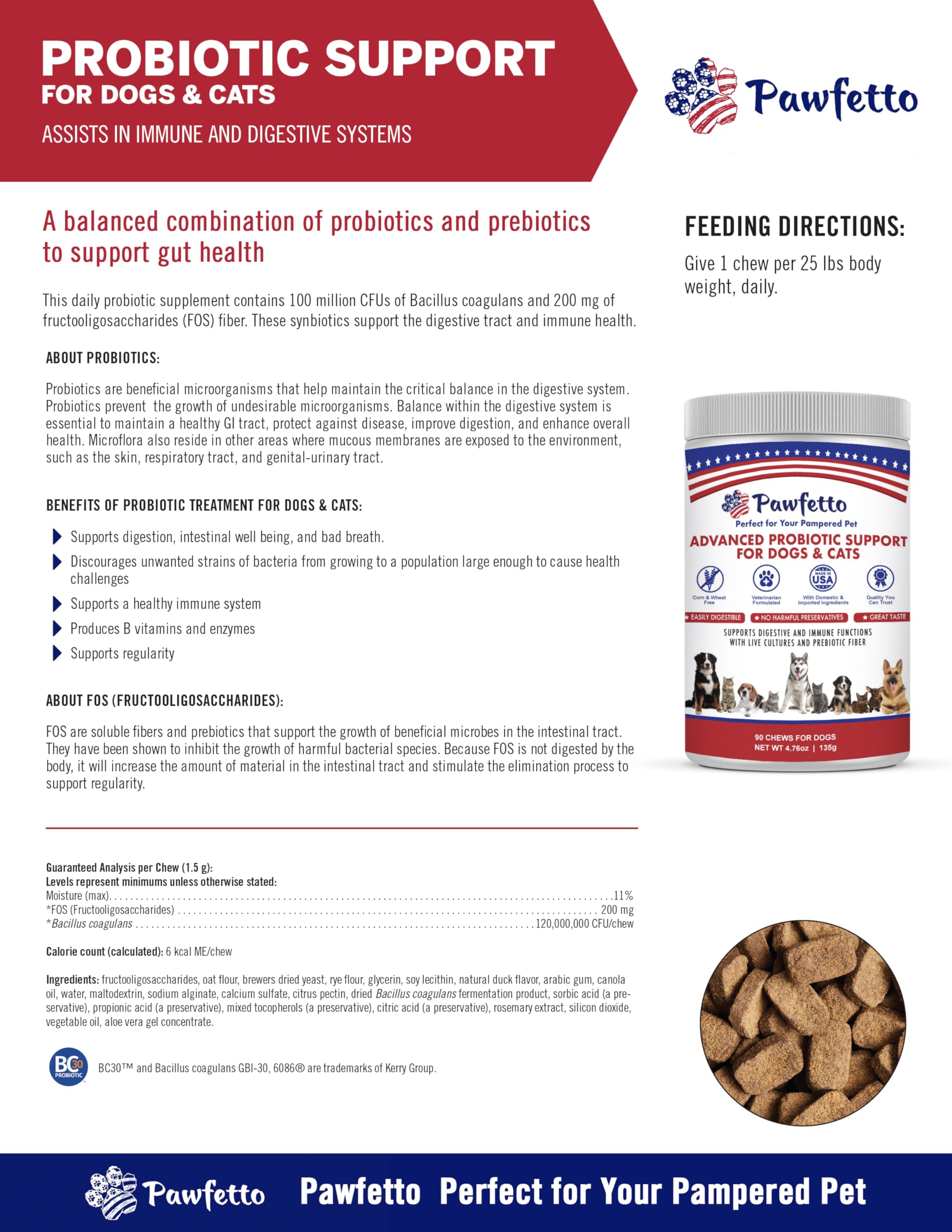 Pawfetto Advanced Probiotic Support for Dogs & Cats. Combination of Prebiotics & Probiotics Easily Digestible, Great Duck Flavour That Your Pets Will Love. Perfect for Your Pampered Pet (90 Chews)