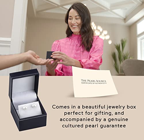 THE PEARL SOURCE Round White Freshwater Real Pearl Earrings for Women - 14k Gold Stud Earrings | Hypoallergenic Earrings with Genuine Cultured Pearls, 7.0-7.5mm
