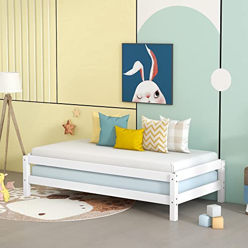 Merax Modern Solid Wood Bed Frame Mattress Foundation, Stackable Day Bed No Box Spring Needed Twin White