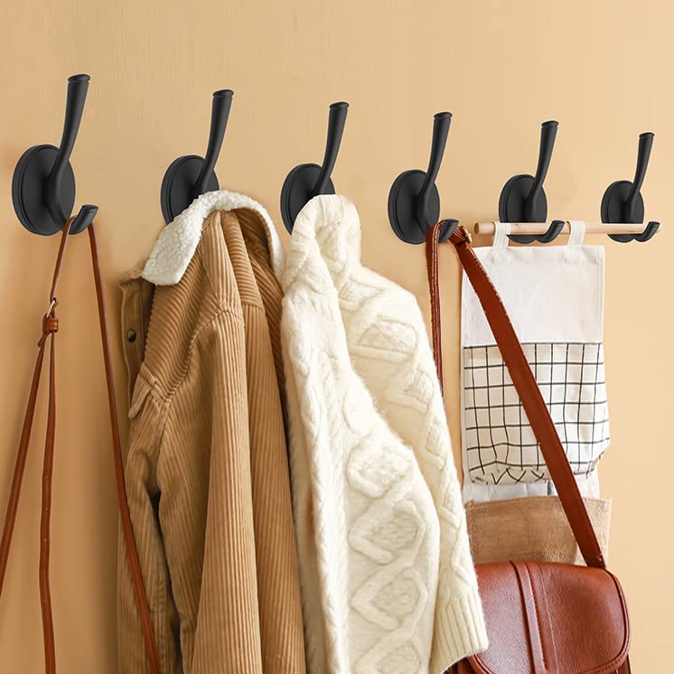 TOFIIGREM Matte Black Wall Hooks Double Hook, Heavy Duty Thick Metal Bath Coat Hooks for Hanging Key Robe Hat Backpack, Wall Mount Hooks Bathroom Kitchen Garage Hooks(4 Pack, Black)