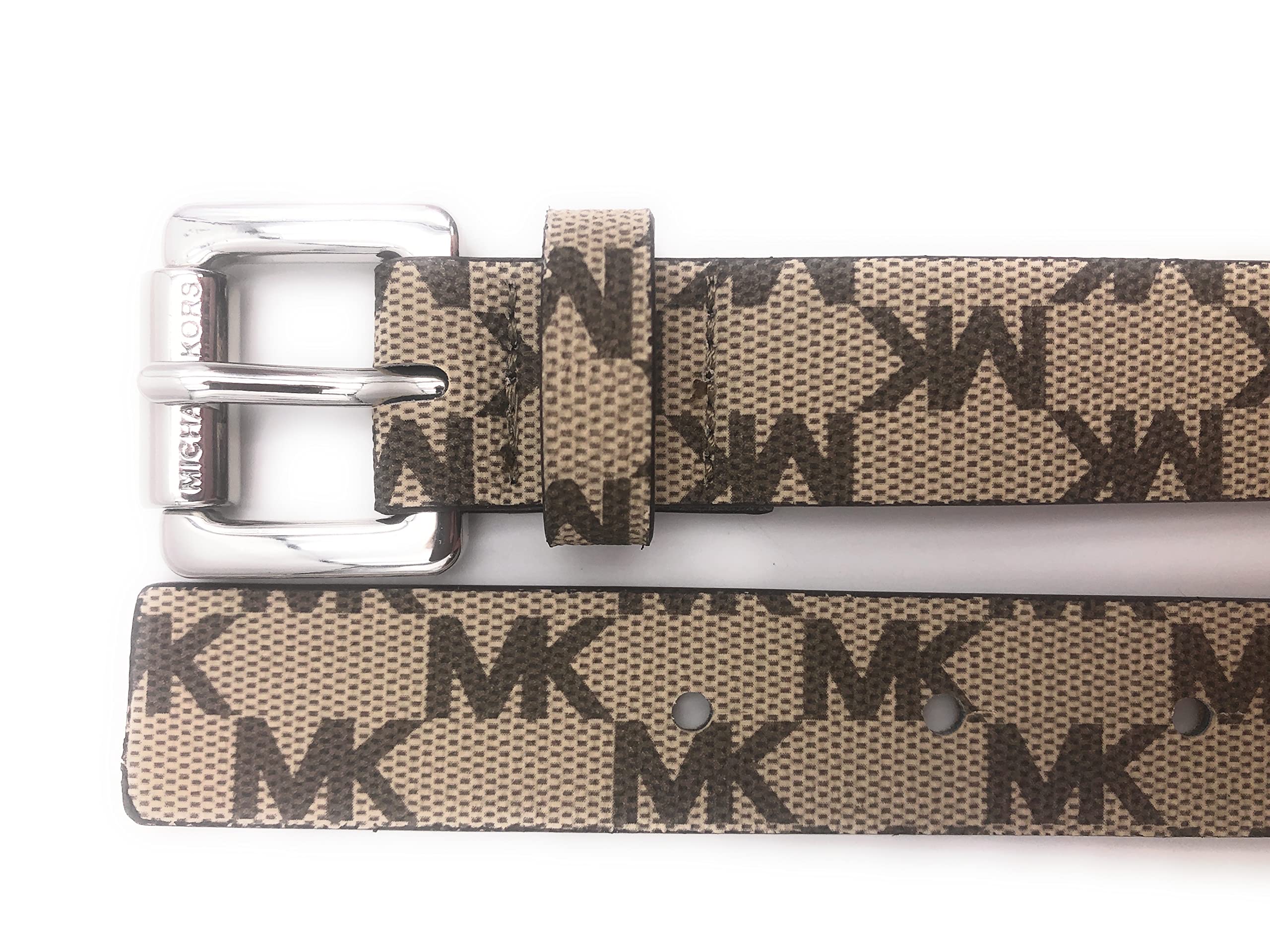 Michael Kors 556137C Brown/Khaki/White Logo Design With Silver Hardware Women's Adjustable Belt Bag Waist Pack (L/XL)