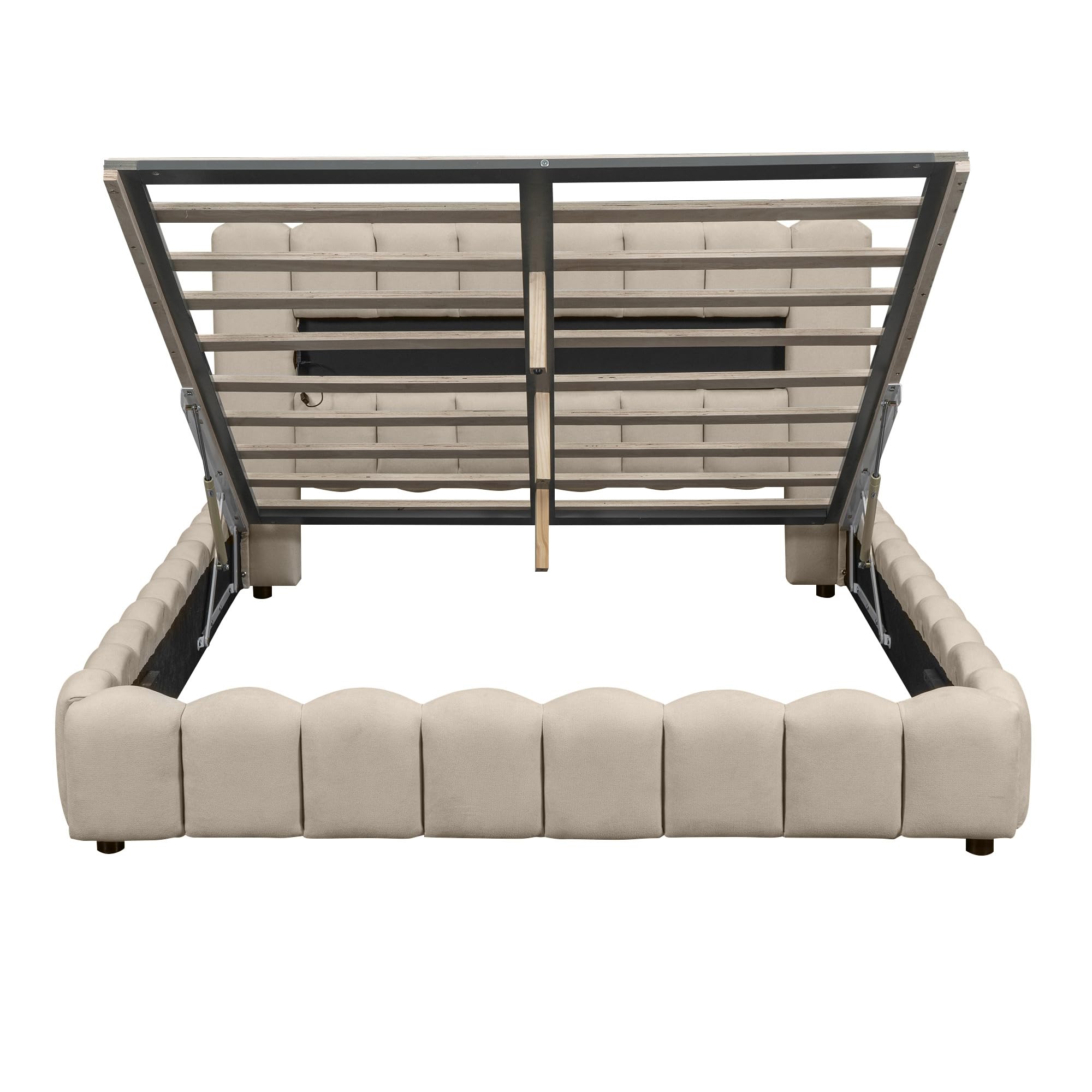 DOLPRNE Queen Size Bed Frame,Modern Upholstered Platform Bed with LED Headboard and USB,Velvet Tufted Headboard,No Box Spring Needed,Beige