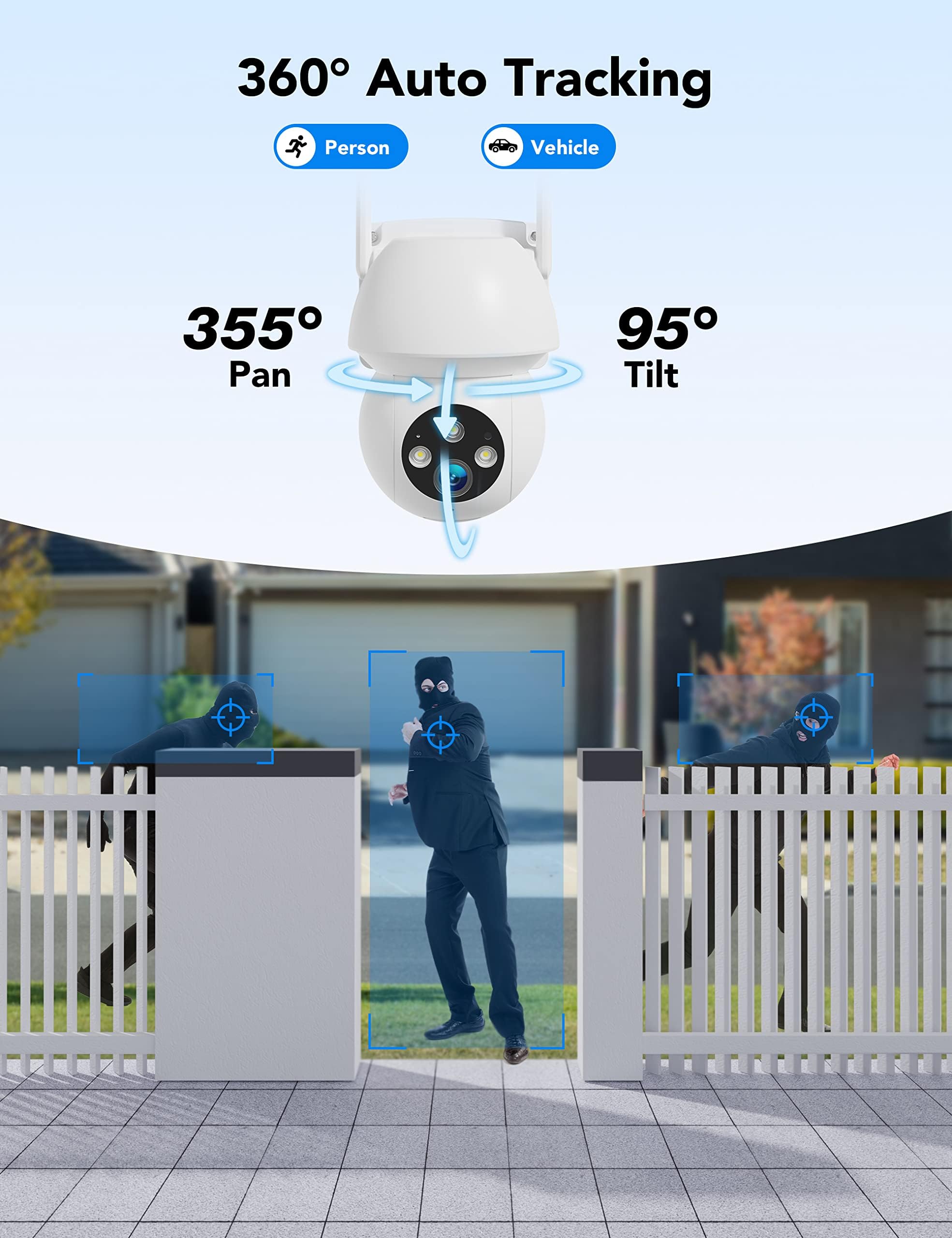 GNCC WiFi Security Camera Outdoor 2K 360° Home Security Camera Surveillance Camera Wired with Auto Tracking, Color Night Vision, SD & Cloud Storage, 2-Way Talk, Waterproof (2.4Ghz, K1Pro)