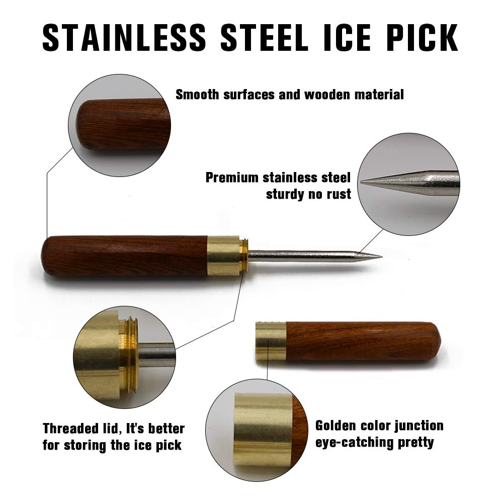 Genoric Ice Picks Stainless Steel Wooden Handle with Safety Cover for Bar, Bartender, Kitchen and Camping, Stainless Steel Ice Tools for Bar Set (Red Sandal Wood, 6.7β)