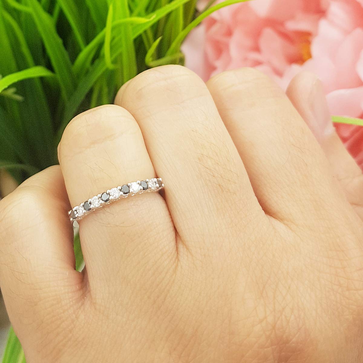 Dazzlingrock Collection Alternate Round Black Diamond & White Diamond Stackable Wedding Band for Women in 10K White Gold Size 7