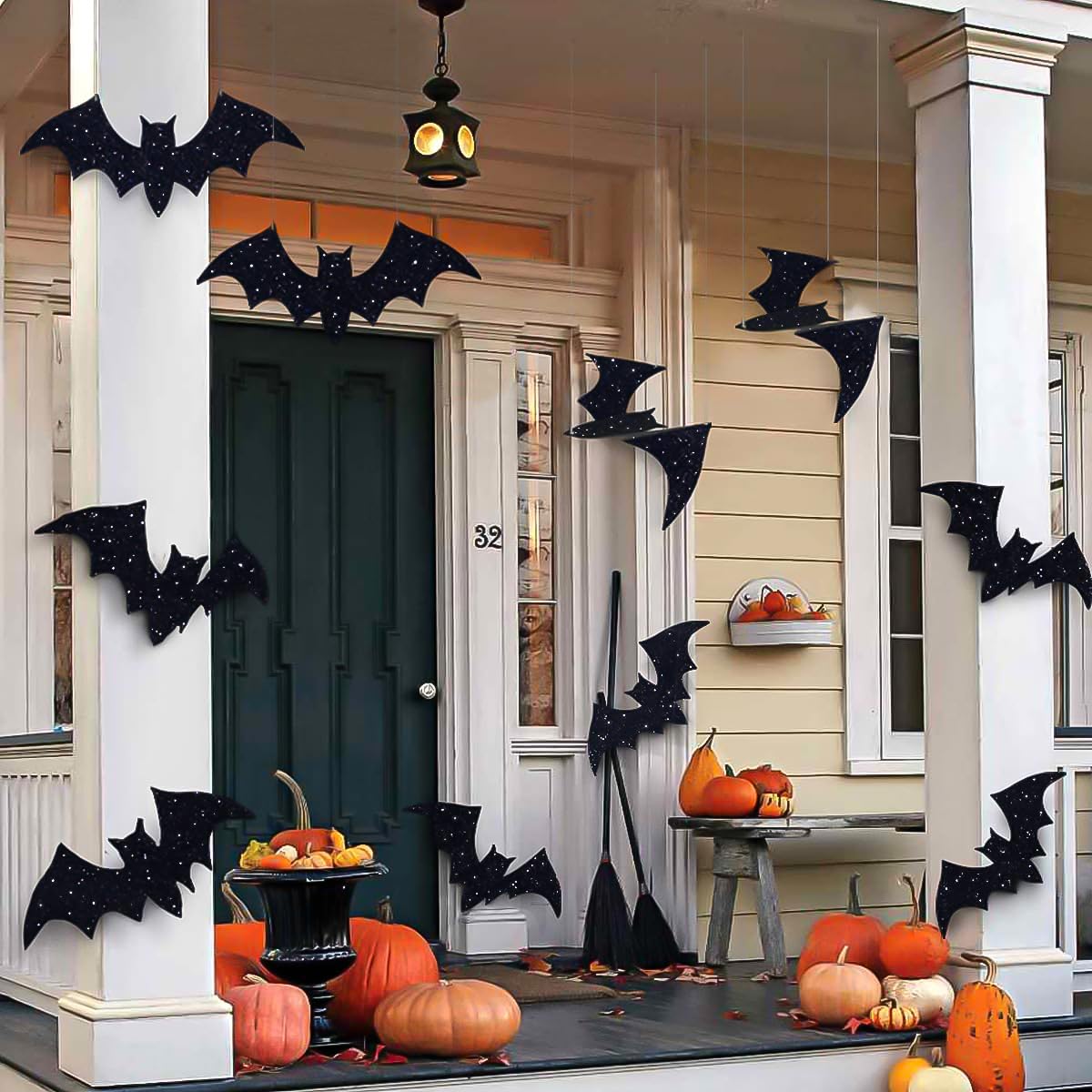 Pawliss Halloween Decorations Outdoor: 10Pcs Hanging Bats Stickers Wall Decals Window Sticker, Large 3D Bats with glitter Removable Halloween Yard Front Door Porch Decoration Party Gothic Decor Indoor