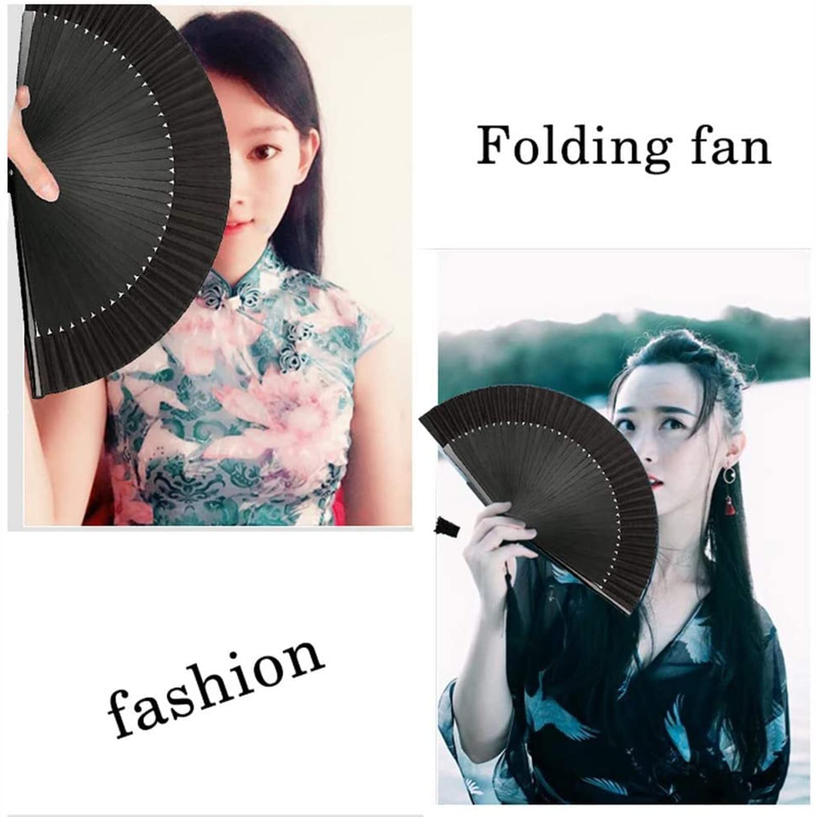 ERTUO Black Hand Fan Chinese Folding Fan Silk Fan Bamboo Fan Retro Women's Men's Suitable as Wedding Gift