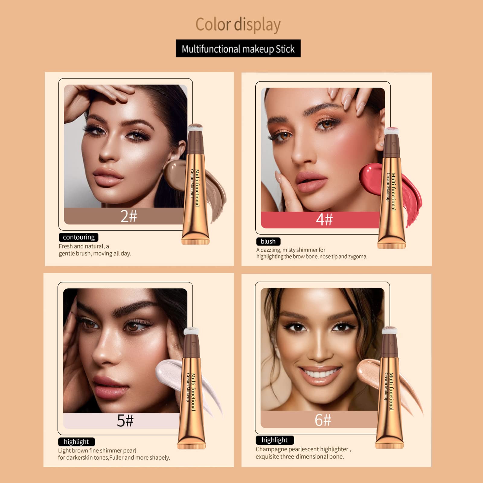 Domality 4pcs Bronzer Liquid Beauty Wand, Liquid Face Contour Highlighter Blush Stick with Cushion Applicator, Long Lasting Natural Matte/Shimmer Finish, Smooth Silky Makeup Stick for Face