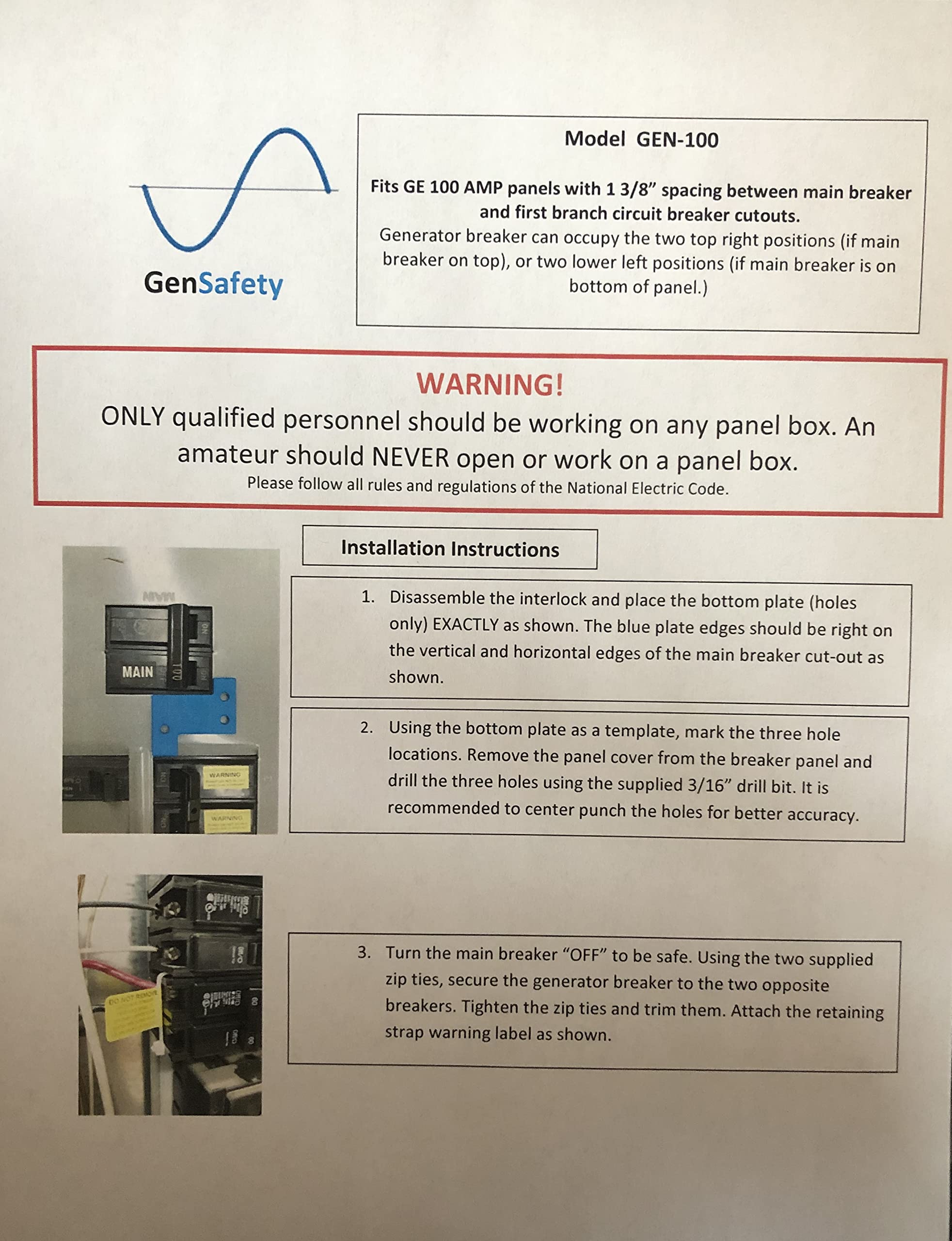 GenSafety Generator Breaker Panel Interlock Kit for GE 100 Amp Panel