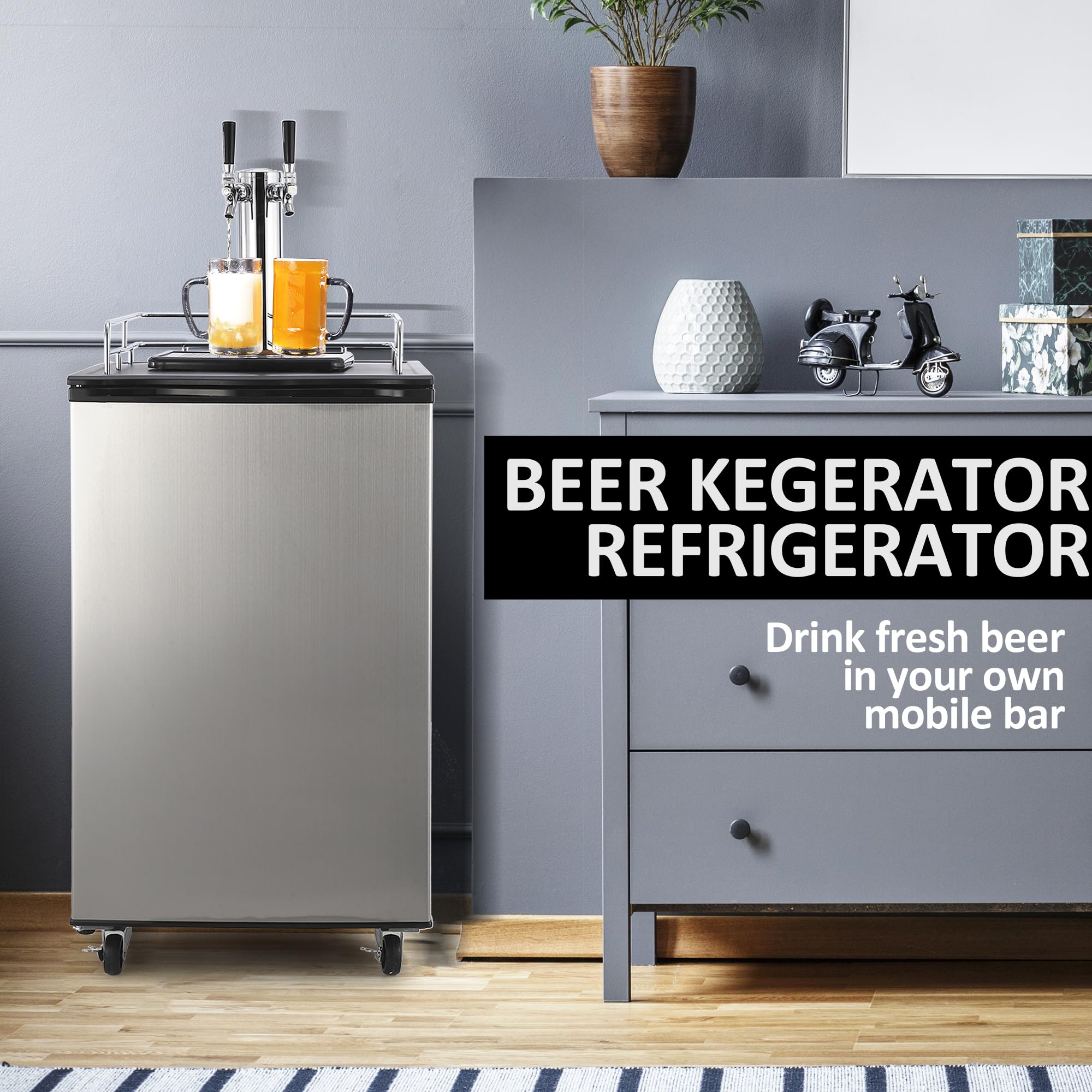 PioneerWorks Beer Kegerator, Single Tap Draft Beer Dispenser, Full Size Stainless Steel Keg Refrigerator With Drip Tray, CO2 Cylinder, 32°F- 50°F Temperature Control, 128L