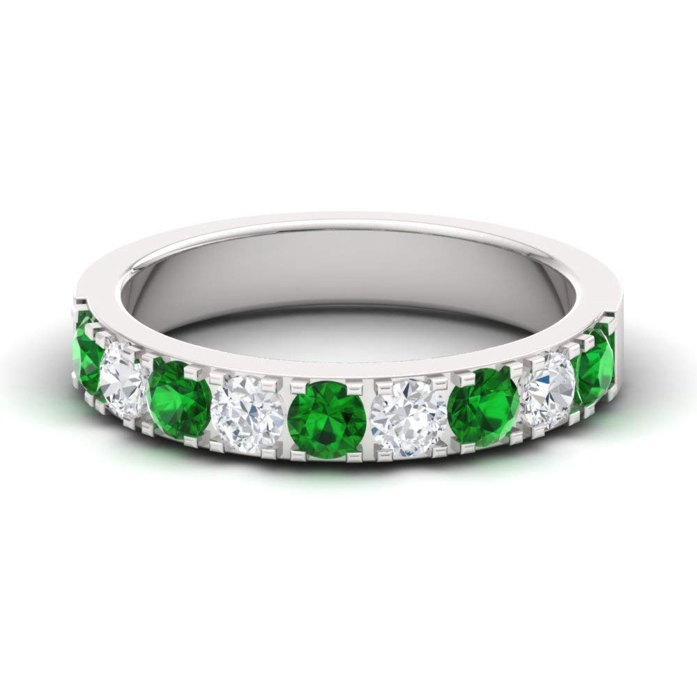 Diamondere Natural and Certified Emerald and Diamond Wedding Ring in 14K White Gold | 0.92 Carat Half Eternity Stackable Band for Women, US Size 7