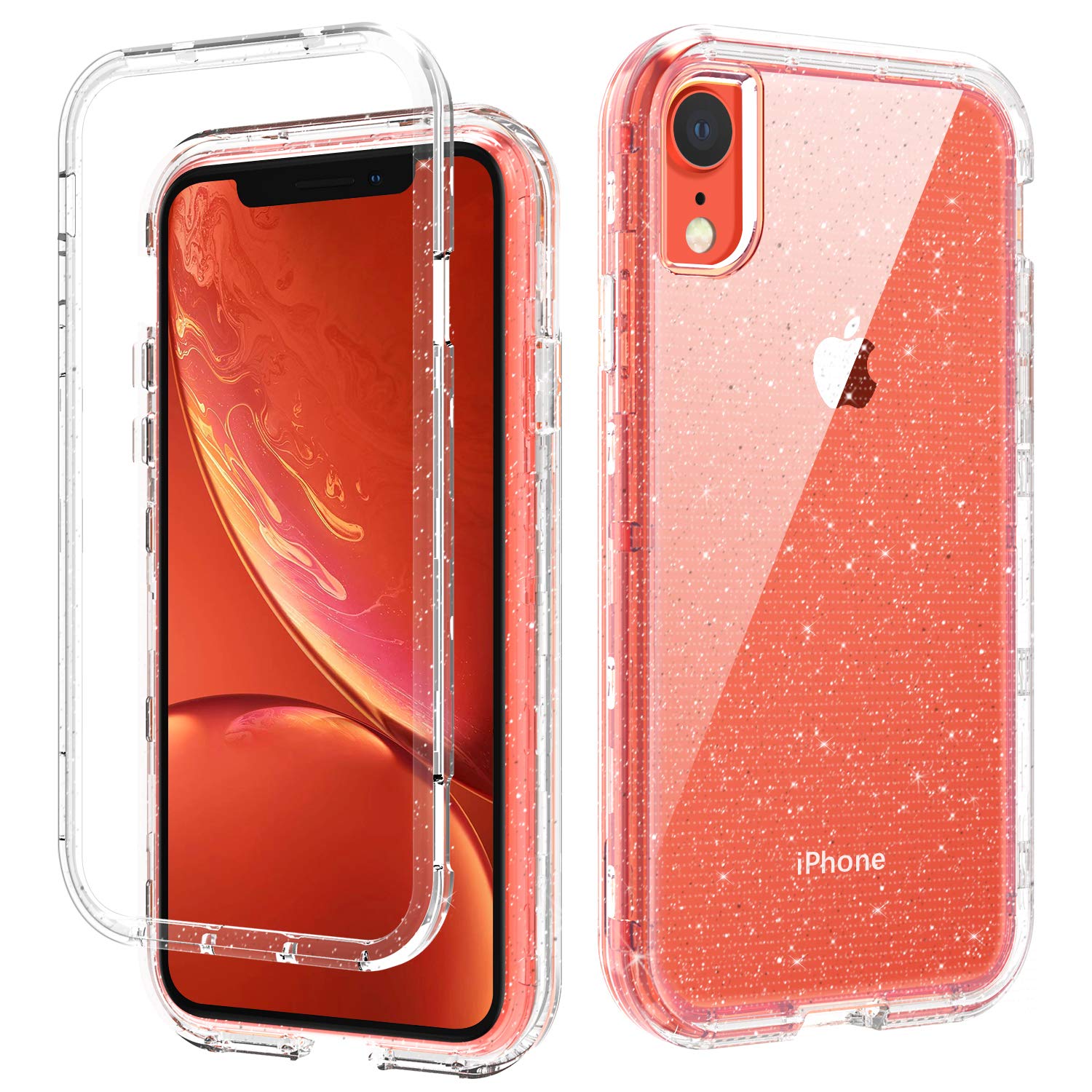 DOMAVER iPhone XR Case Clear Glitter Bling iPhone XR Phone Case Heavy Duty 3 Layers Bumper Shockproof Protective Cover-Clear