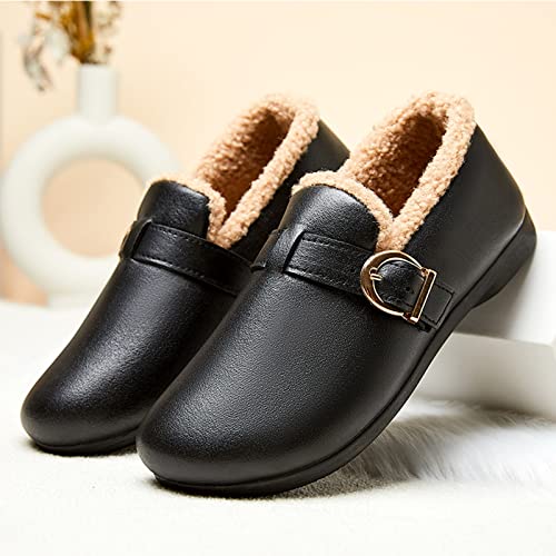 FASDNENDYS Fashion Winter Women Casual Shoes Flat Bottom Round Toe Solid Color Buckle Short Plush Warm and Comfortable Walking Black