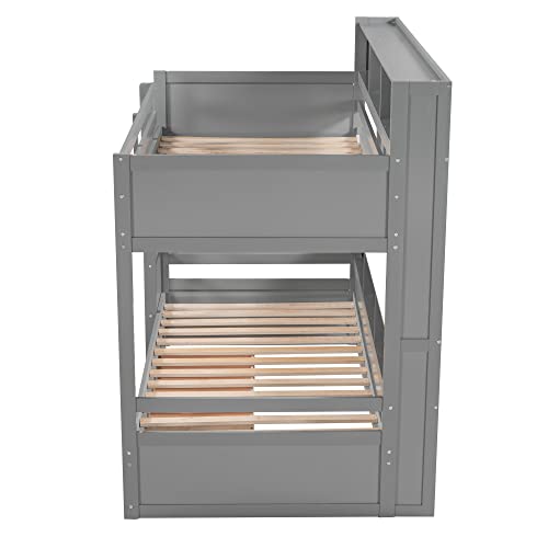 Merax Twin Size Bunk Bed with Built-in Shelves Beside Both Upper and Down Bed and Storage Drawer, Twin Over Twin Solid Wood Bed Frame for Teens, Grey