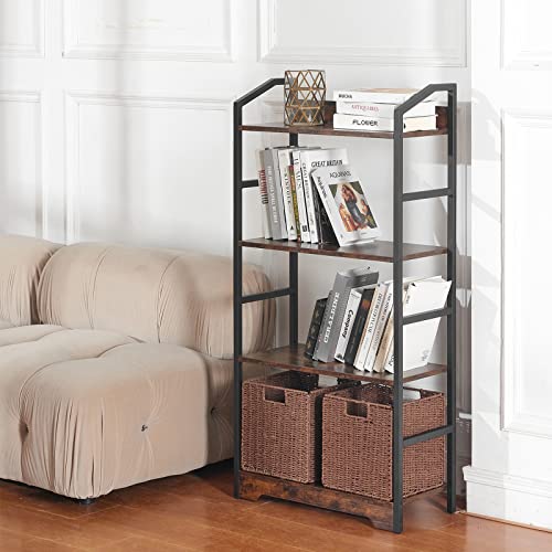 Vagusicc 4 Tier Bookshelf with 2 Storage Baskets, Tall Bookcase Shelf Storage Organizer Wood Book Shelf, Modern Shelf Rack Shelves with Steel Frame, Multipurpose Bookshelf for Bedroom Living Room