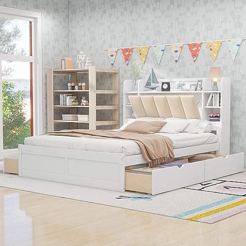 Merax Wood Queen Size Platform Bed with Storage Headboard
