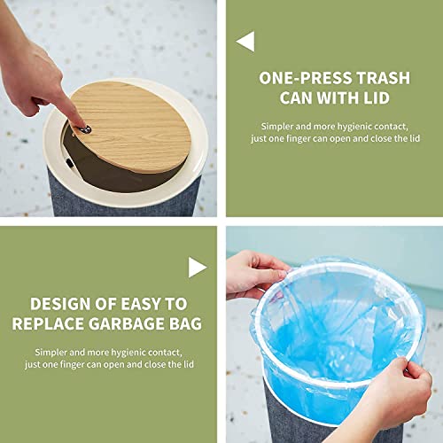 IBPNKFAZ89 Small Trash Can with Lid Dark Blue Jeans Texture Denim Garbage Bin Wood Waste Bin Press Cover Round Wastebasket for Bathroom Bedroom Kitchen 7L/1.8 Gallon