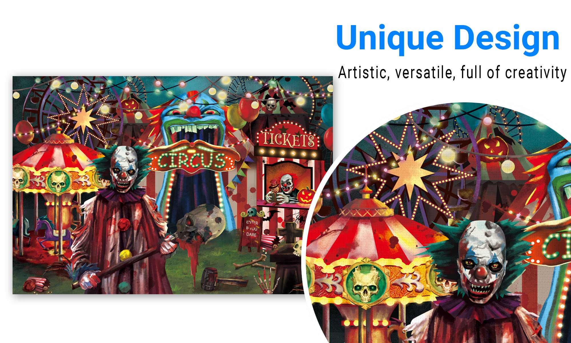 Funnytree 7x5ft Halloween Evil Circus Theme Backdrop for Photography Clown Creepy Carnival Haunted House Horror Scary Birthday Party Supplies Decorations Banner Home Decor Photo Booth Props Background