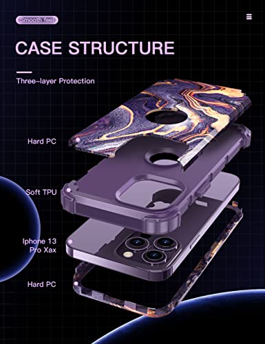 LONTECT iPhone 13 Pro Max Case - 6.7" Marble Shockproof Heavy Duty Cover for Girls & Women, Dark Purple