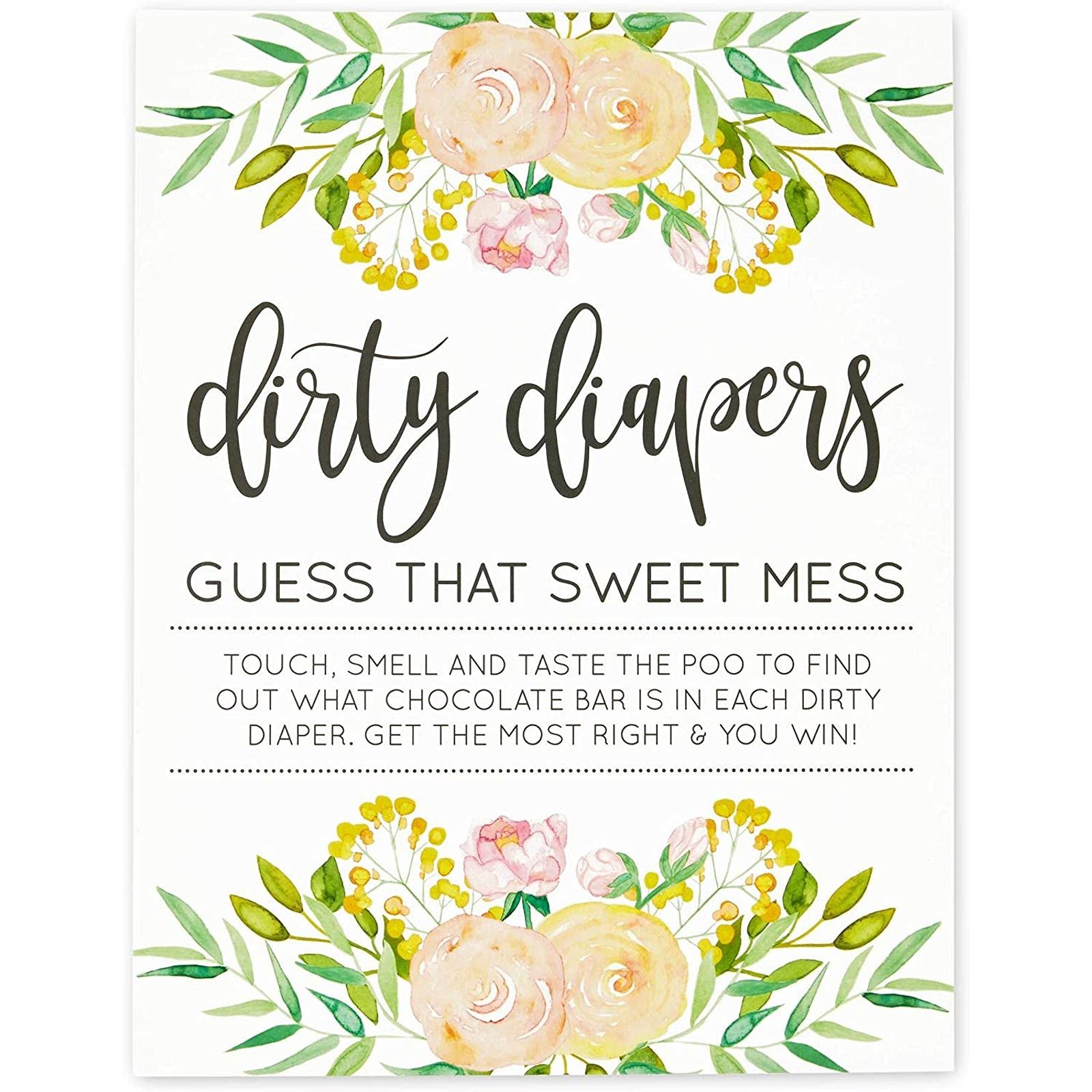 Dirty Diaper Game Baby Shower Fun, Easy Guessing Game Cards (Floral, 60 Pack)