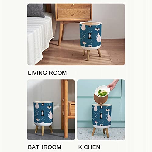 IBPNKFAZ89 Small Trash Can with Lid Beatnik 1950s Musical Cats Seamless in Dark Blue Pink Black and Green Garbage Bin Wood Waste Bin Press Cover Round Wastebasket for Bathroom Bedroom Office Kitchen