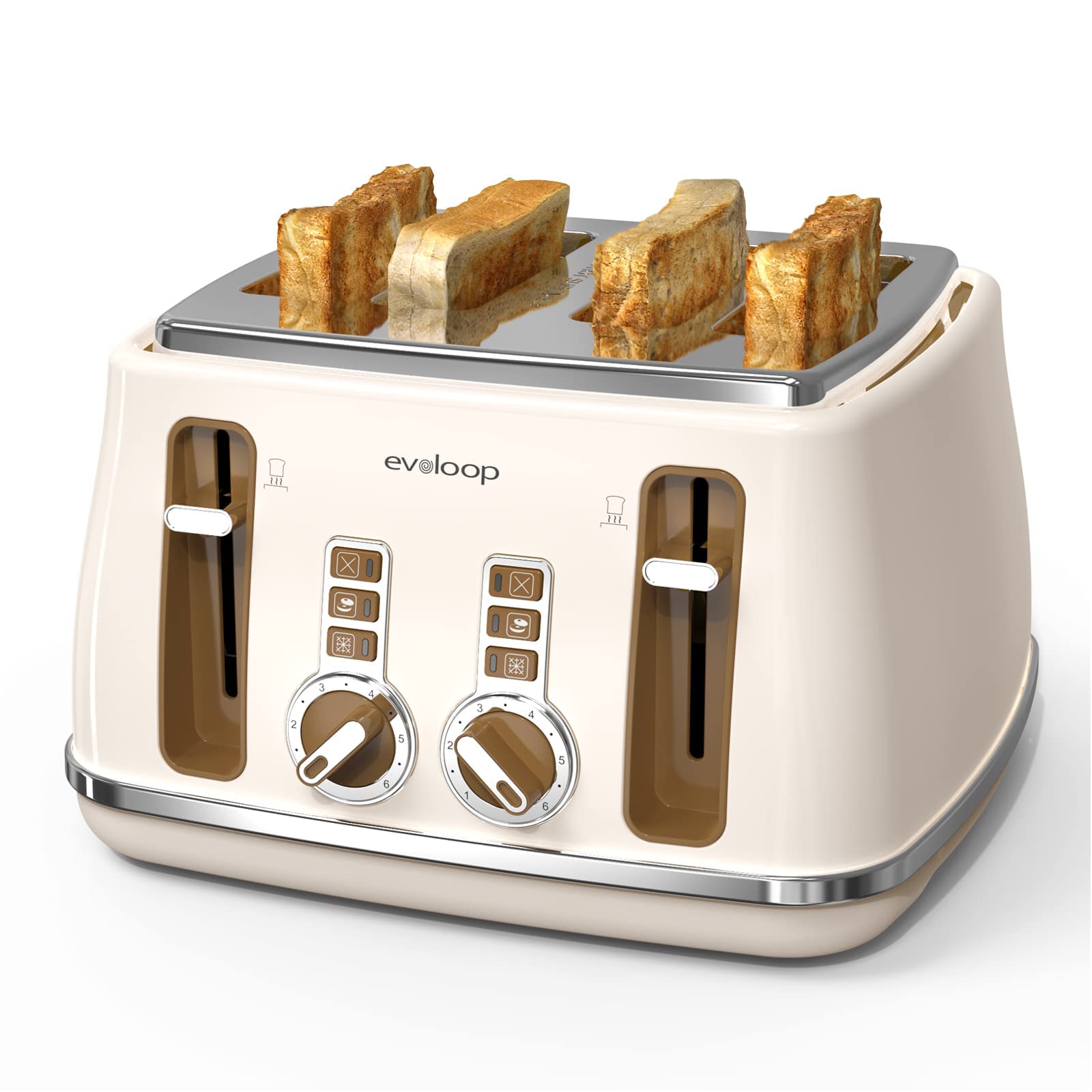 evoloop Toaster 4 Slice, Oversize Retro Stainless Steel Bread Toaster with Dual Independent Control Panels, 6 Browning Level, Bagel, Defrost & Cancel, -1.5" Extra Wide Slots, Removable Crumb Tray