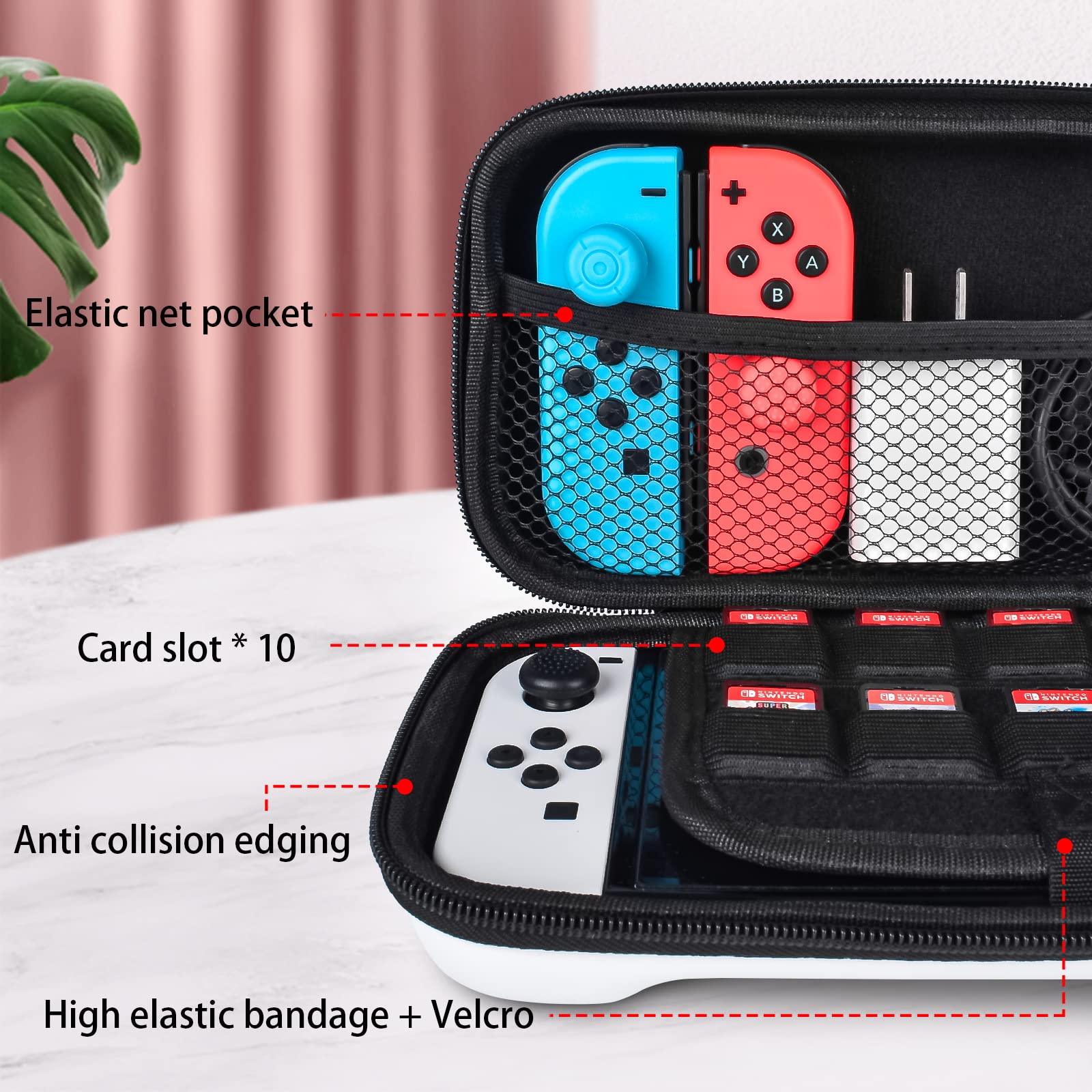 DLseego Carrying Case Design for Switch/Switch OLED Model, Shockproof Hard Shell Protective Travel Bag 10 Game Card Slots for Switch Console Joy-Con & Accessories with 6 Thumb Grip Caps β White