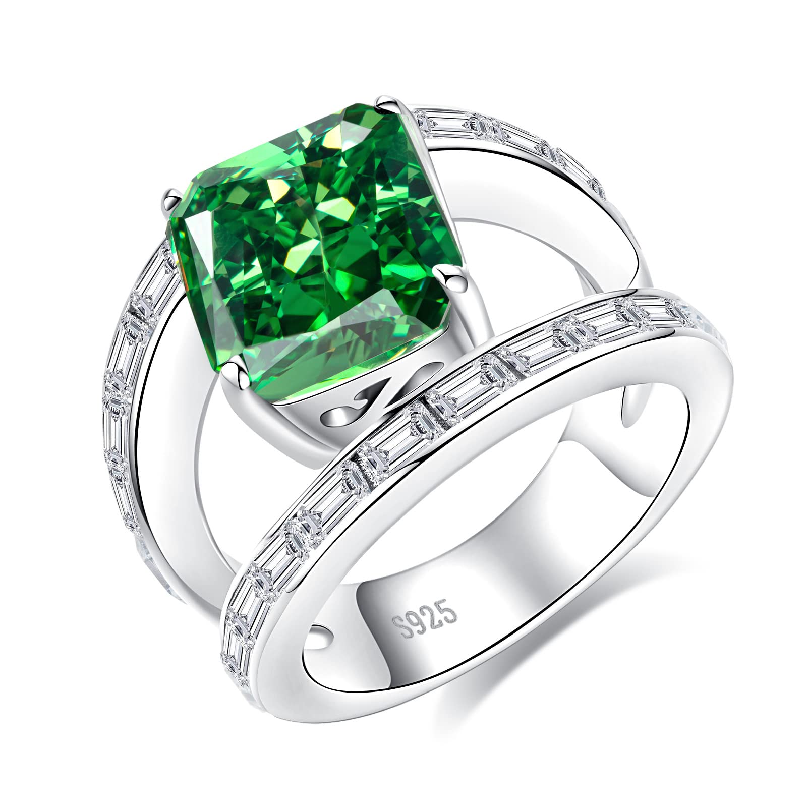 Gobaalele 7.90cttw Cubic Zirconia Engagement Ring,Split Shank Solitaire Statement Ring,Radiant Cut 5A Grade 5.5ct Simulated Emerald, Sterling Silver, Cubic Zirconia