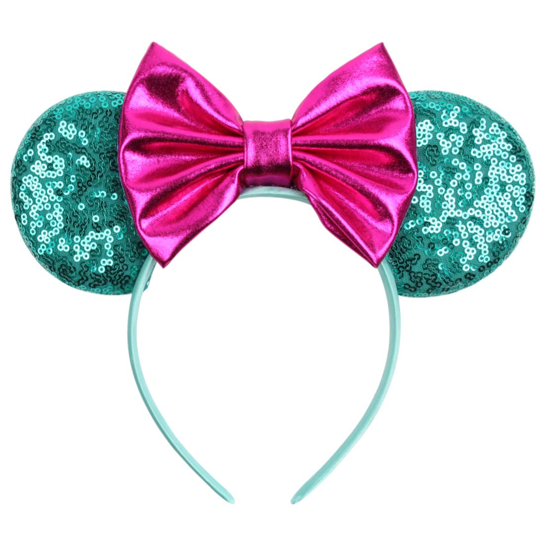 YanJie Mouse Ears Headbands, Glitter Party Mermaid Hot Pink Metallic Bow Favor Decoration Cosplay Costume for Girls Party (Green/Hot Pink)