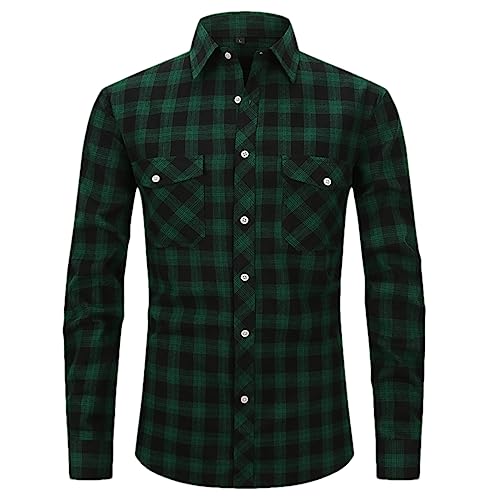 Disimlarl Fall Men's Flannel Plaid Long-Sleeved Casual Shirt Button Classic Checkered Double Pocket Shirts M512 USA 2XL Asian 8XL