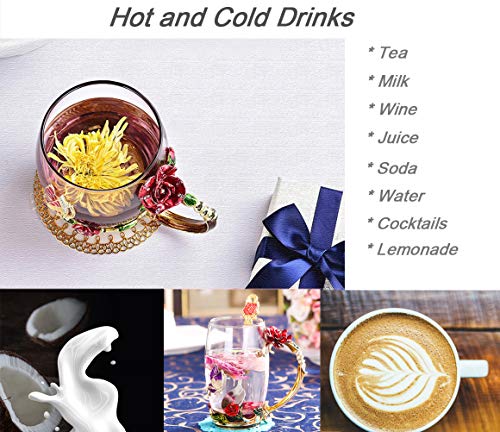 Flower Tea Cups, Unique Coffee Mugs, Butterfly Glass Mug with Spoon Set, Handmade Rose Butterflies Gifts - Best Valentine's Day Mother's Day Gift (13oz, Red)