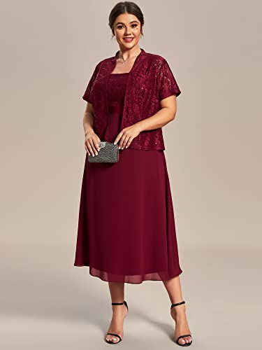 Ever-Pretty Plus Women's Curve Square Neck Lace Cardigan Chiffon Knee Length Plus Size Evening Dress Burgundy US22